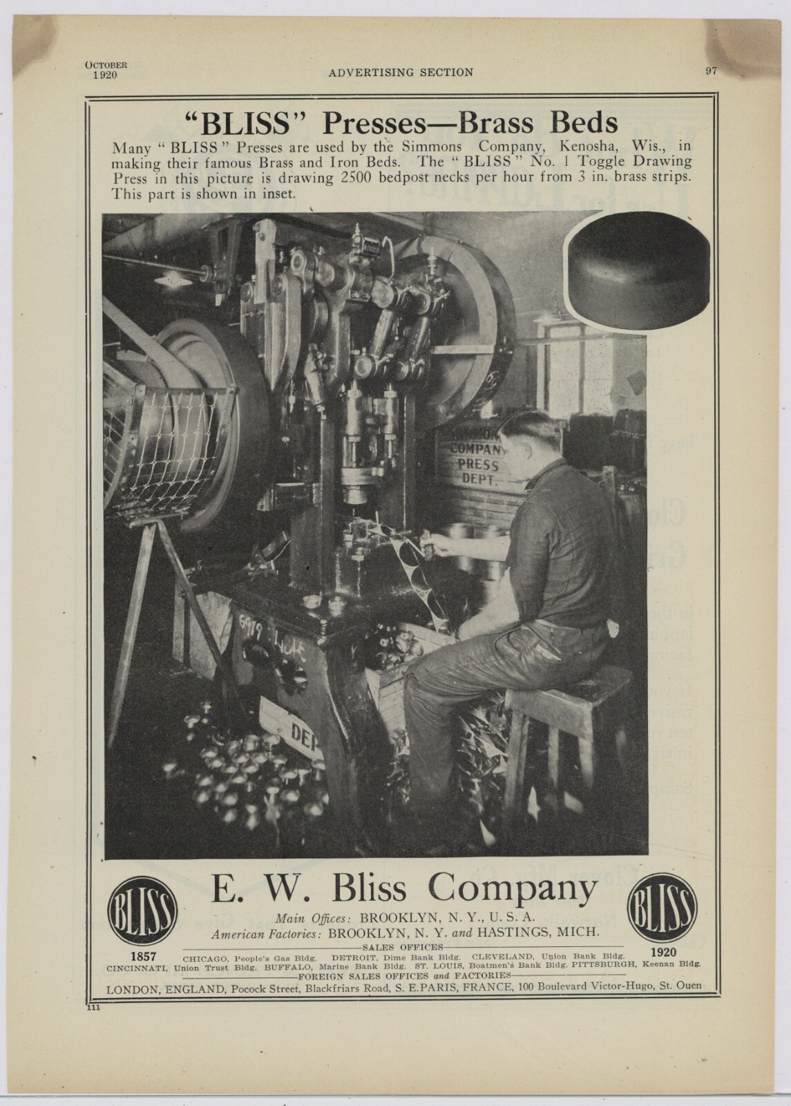 1920 E.W. Bliss Co. Ad: Pic of Simmons Co. of Kenosha, Wisconsin Press ...