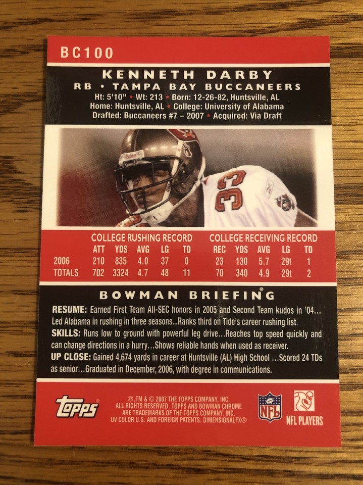 Kenneth Darby RC 2007 Bowman Chrome Buccaneers #BC100 *6699* | eBay