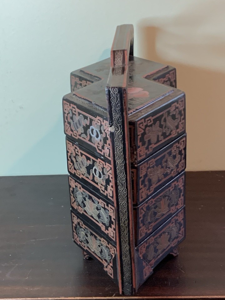 Antique Vintage Chinese Black Red Lacquered Stacking Wedding Dowry Box ...