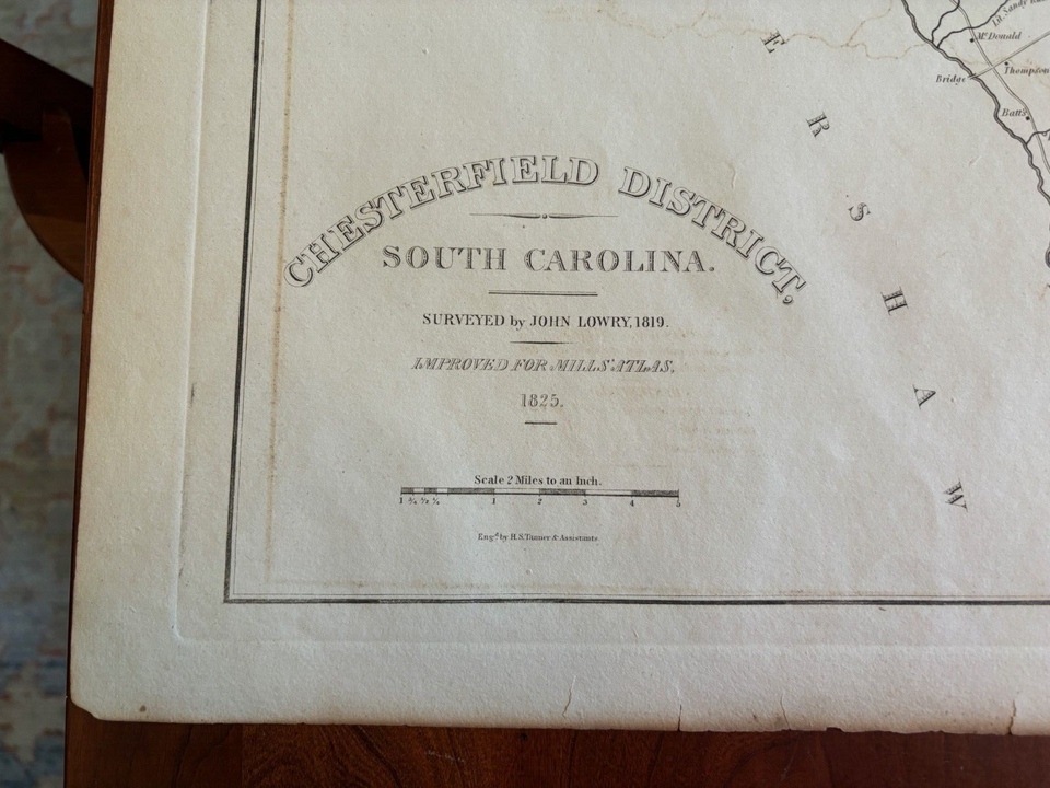 Orig. Vintage 1825 Map Chesterfield District SOUTH CAROLINA, Mills ...