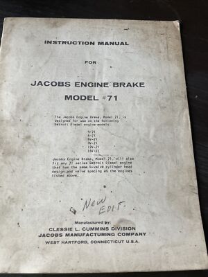 Jacobs JAKE BRAKE V-71 Detroit DIESEL ENGINE Brake INSTALLATION BOOK ...