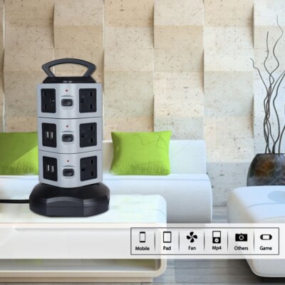 Tower Electric Mains Power Extension Lead 10 Socket 4 USB Port Adaptor ...