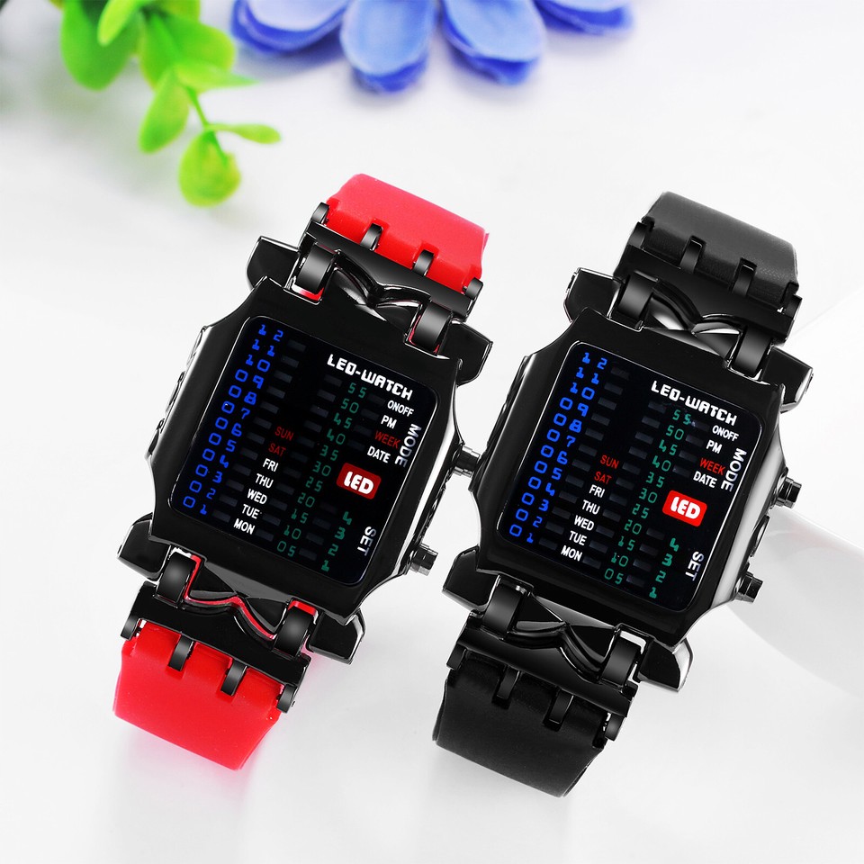 Men's Sports Digital Binary LED Display Calendar Watch Silicone Band ...