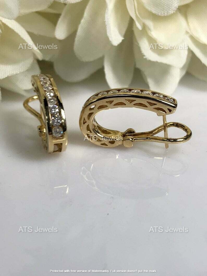 1 Ct Round Cut Moissanite Omega Back Hoop Earrings 14k Real Yellow Gold ...