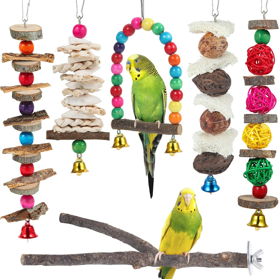 Bird Perch & Toys - 6 Pack Accessories, Wooden Chew Toys & Perch Stand ...