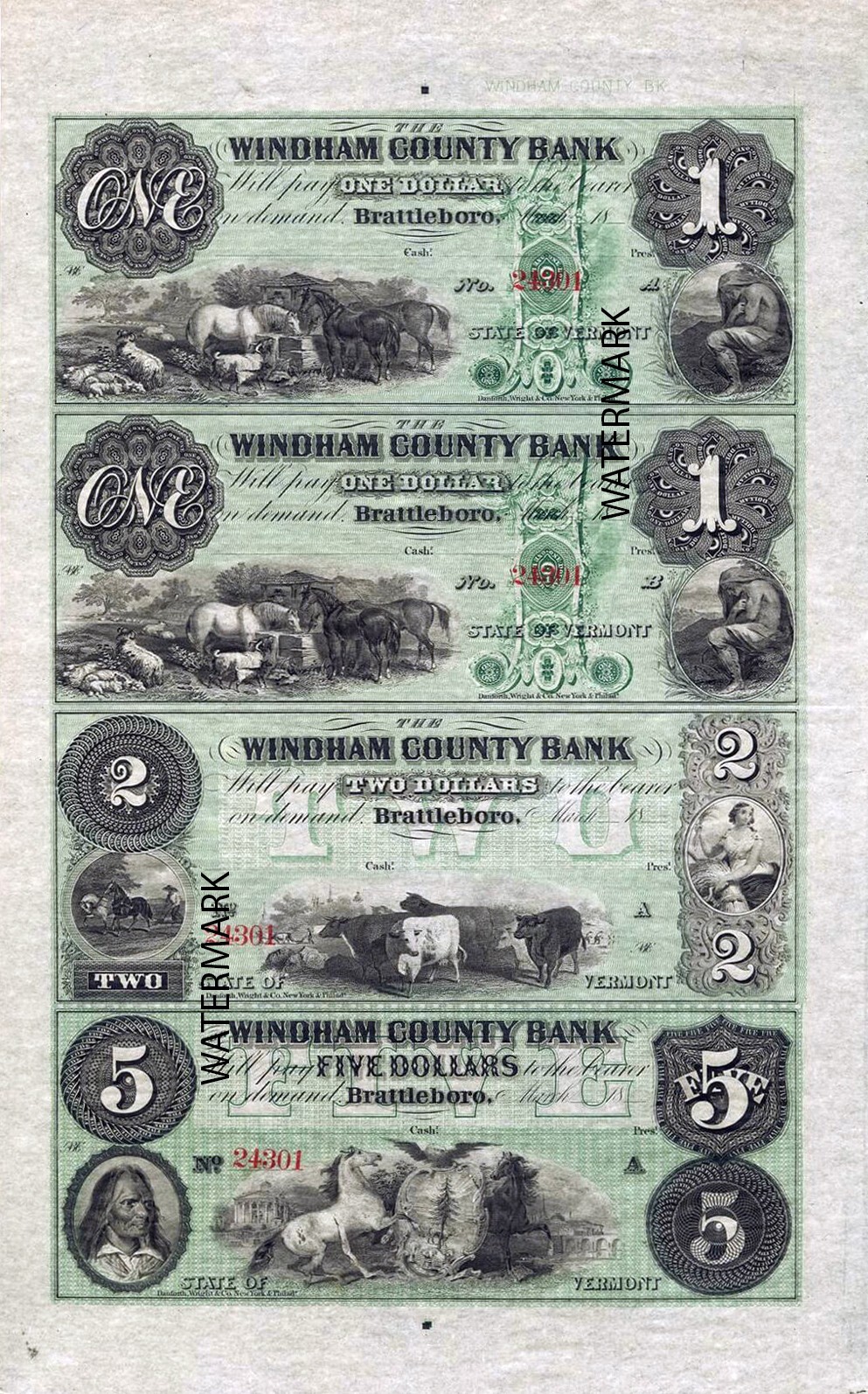$1-1-2-5 Windham County Bank Brattleboro VT Obsolete Currency Sheet ...