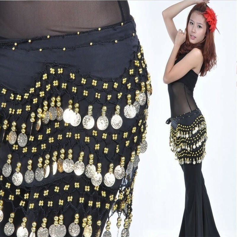 3 Rows 128 Gold Coins Belly Dance Costume Hip Scarf Skirt Belt Wrap ...