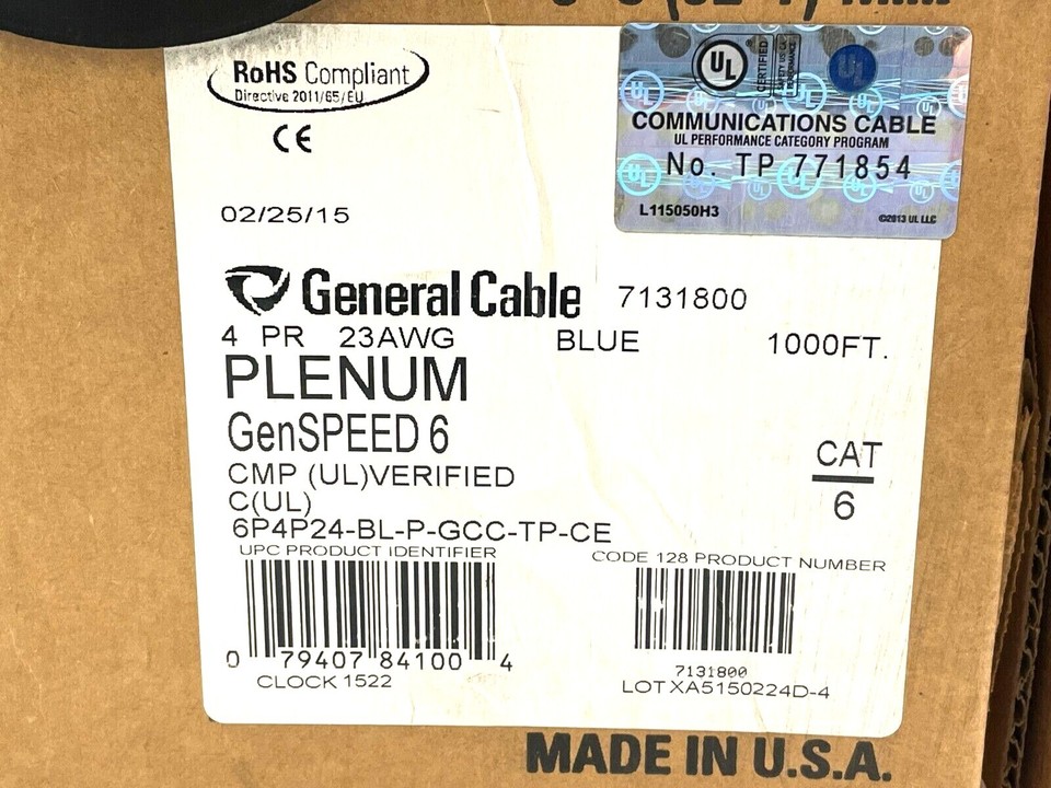 General Cable 6P4P24-BL-P-GCC-TP-CE GenSpeed 6 Plenum CAT 6 Cable 378ft ...