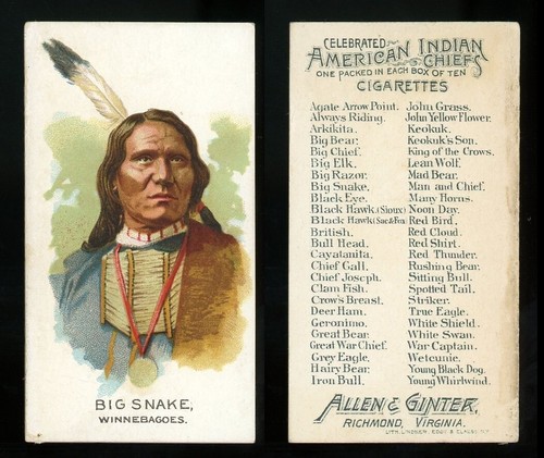 1888 N2 Allen & Ginter American Indian Chiefs "Big Snake" VG/EX *AA ...