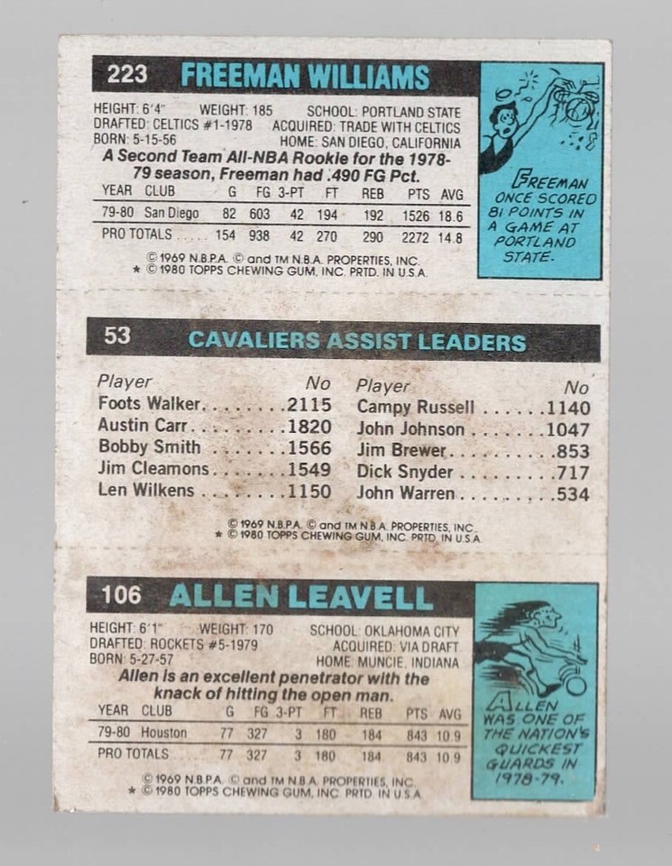 1980 Topps #53 /106 /223 Allen Leavell /Foots Walker /Freeman Williams ...