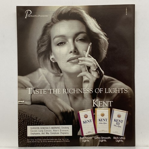 1993 Kent Cigarette Print Ad Woman Smoking Lights Portraits of Pleasure ...