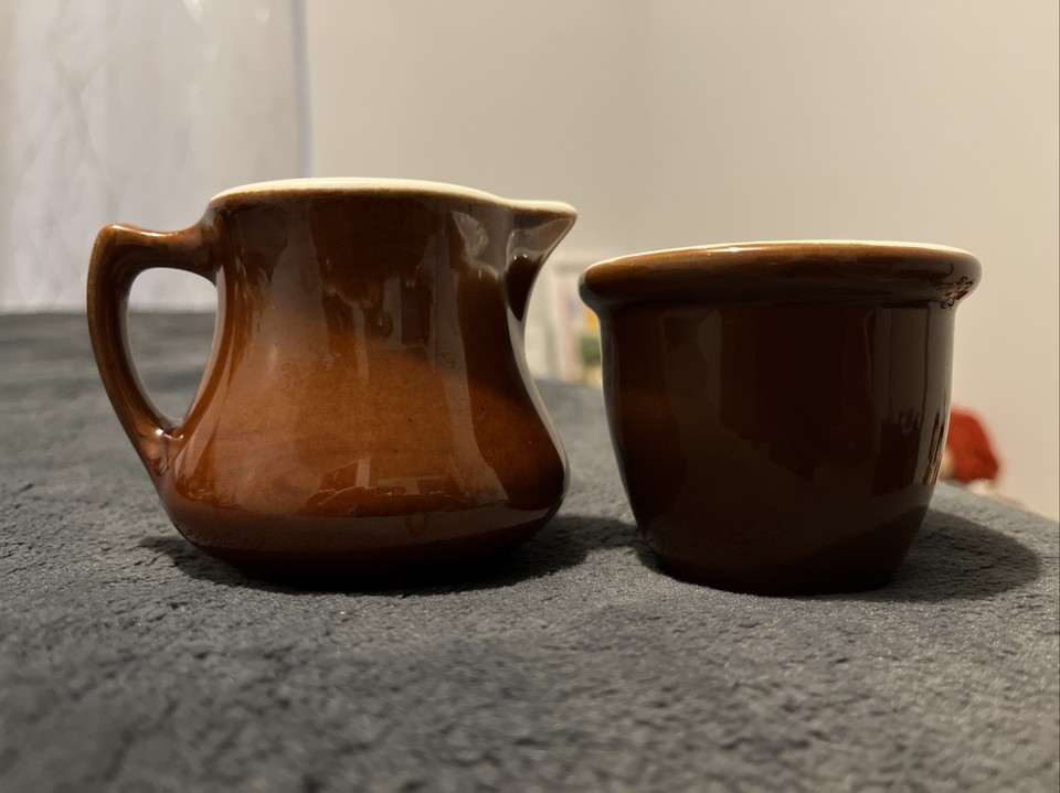 Hall Creamer and Small Sugar Bowl - Brown With White Interior | eBay