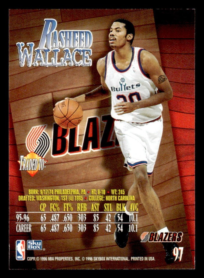 Rasheed Wallace Portland Trail Blazers 1996-97 SkyBox Z-Force #97 | eBay