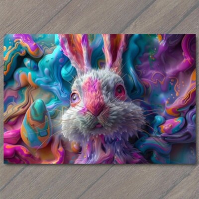 POSTCARD Rabbit Bunny Surrealism Crazy Bright Colors Weird Strange Wild ...