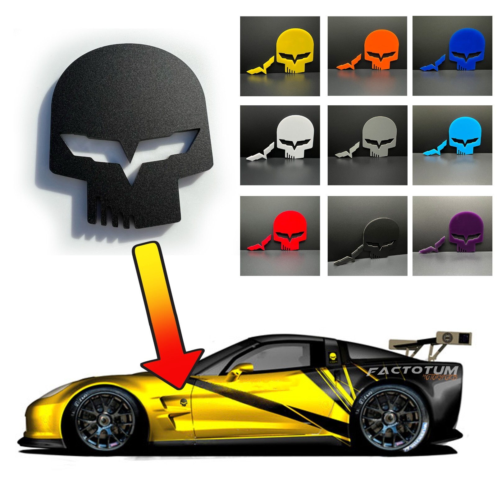 ONE (1) JAKE Skull fits Chevy Corvette Racing Emblem Badge Vette C6 C6R ...