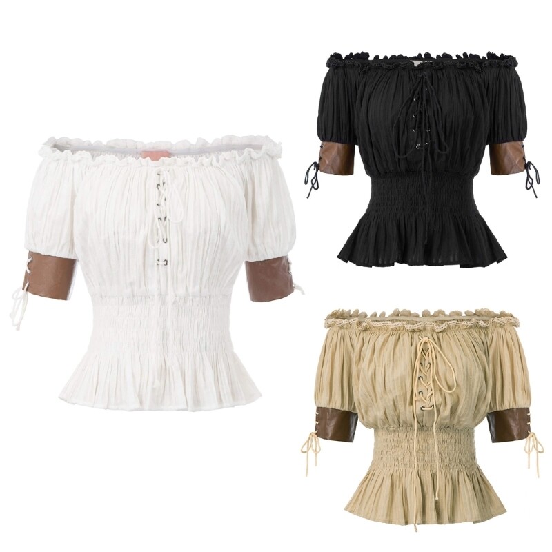 Medieval Renaissances Blouse Women s Victorian Peasant Ruffle Smocked ...