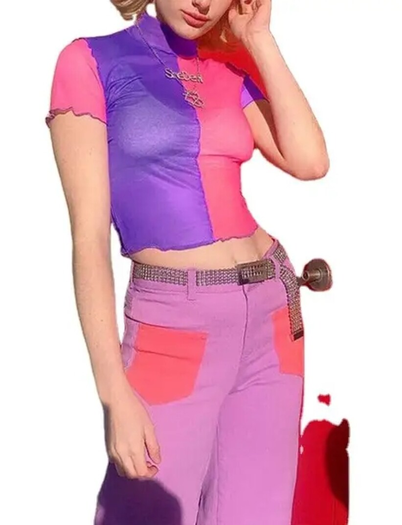 Purple Pink Mesh Colorblock Crop Top colorful 2 tone spring summer ...