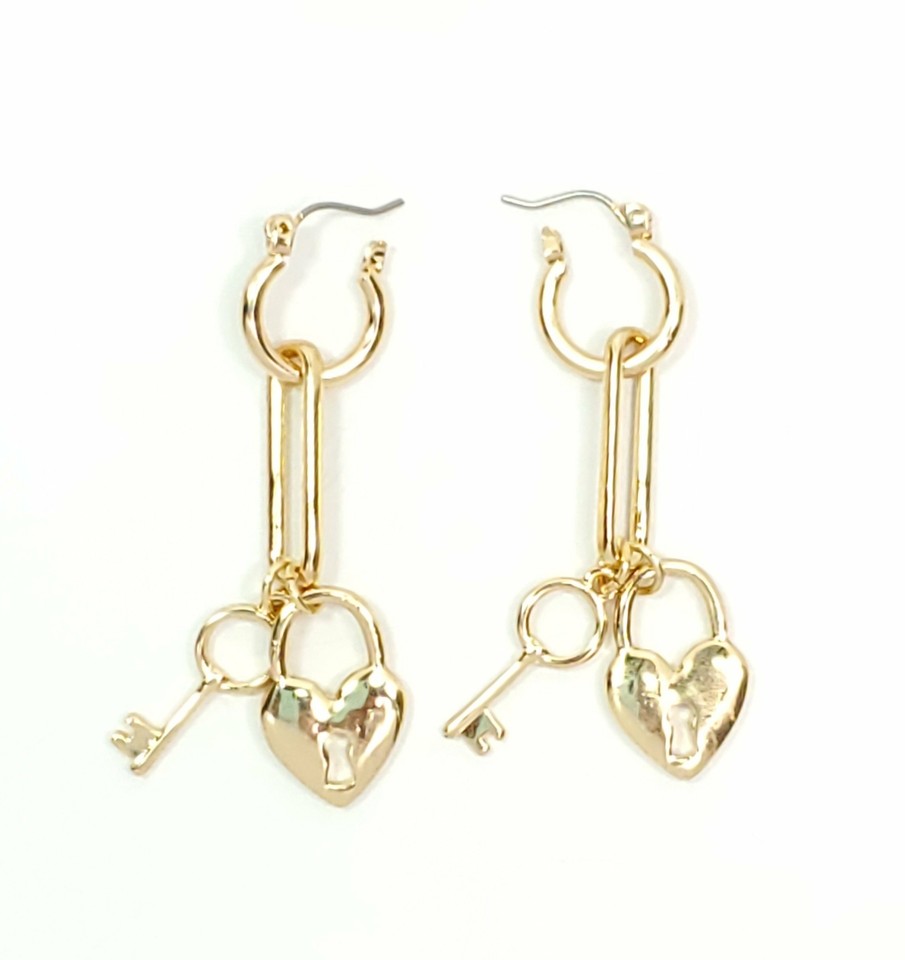 E0402 Gold Tone Metal Lock Key Design Linked Shape Pin Catch Dangle ...