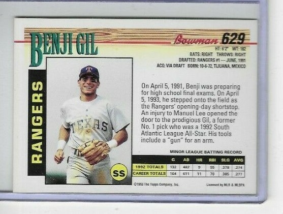 1993 Bowman #629 Benji Gil Texas Rangers | eBay