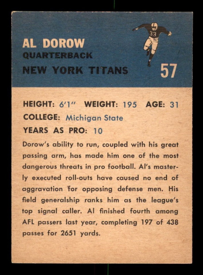 1962 Fleer Football #57 Al Dorow NM | eBay