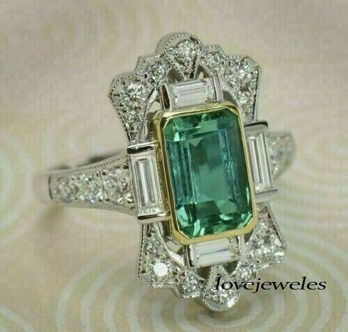 Vintage Art Deco Style 3.50CT Genuine Green Emerald 925 Silver ...