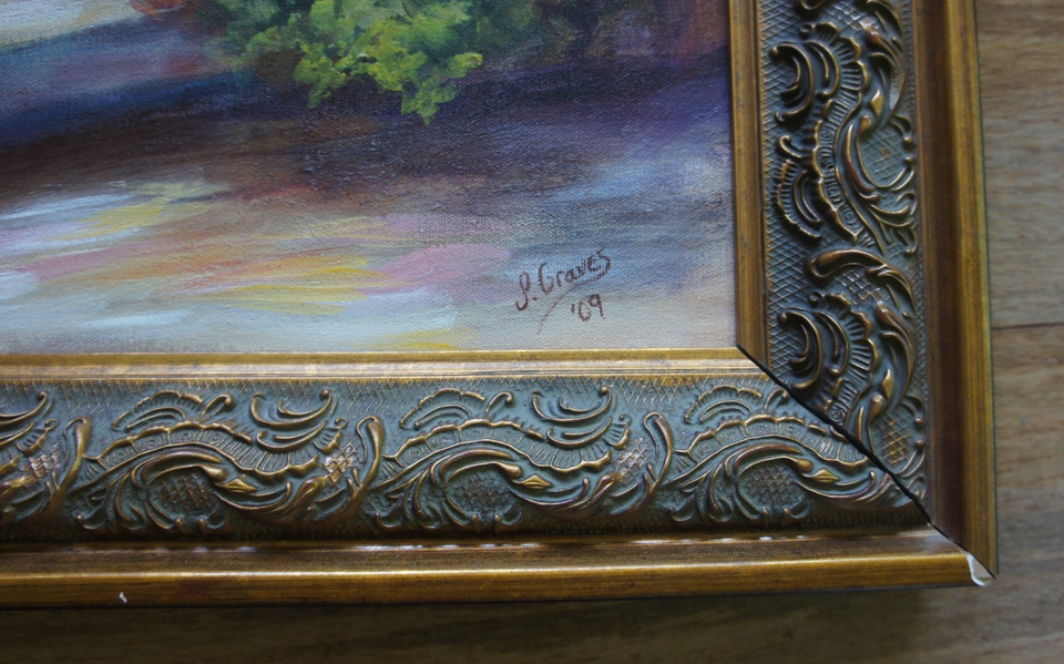 signed S. Graves Original Oil Painting Floral French Doors Steps w ...