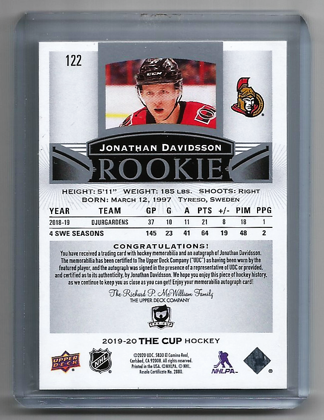 2019-20 UD The Cup Rookie Autograph 3 Color Patch Jonathan Davidson ...