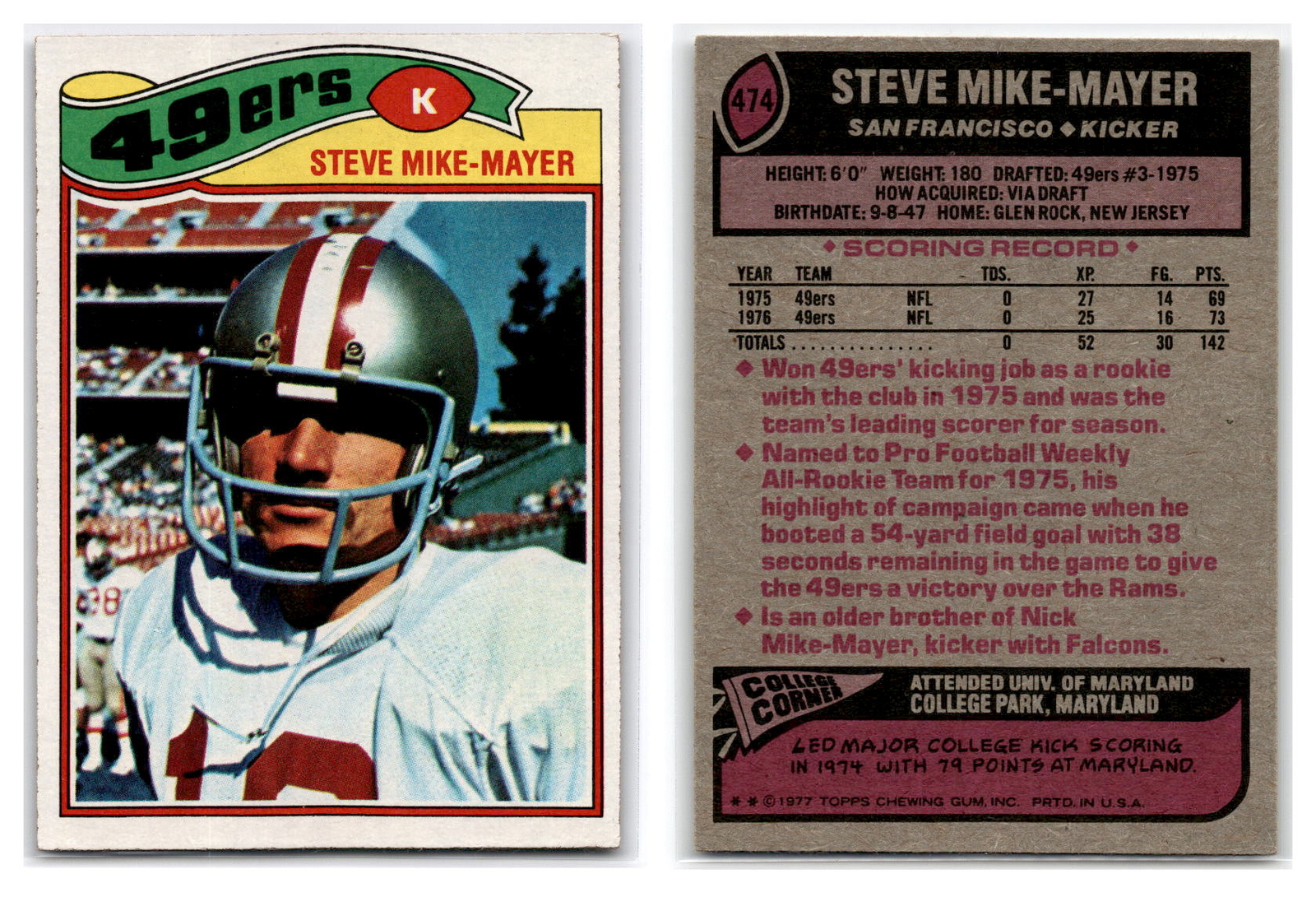 1977 Topps #474 Steve Mike-Mayer EXMT/NM - San Francisco 49ers | eBay
