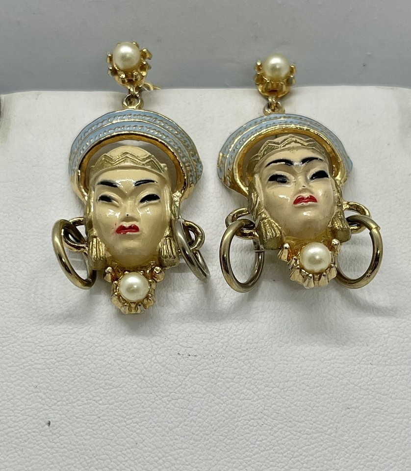 Vintage MCM Unmarked Selro Selini Asian Princess Face Enamel Screwback ...