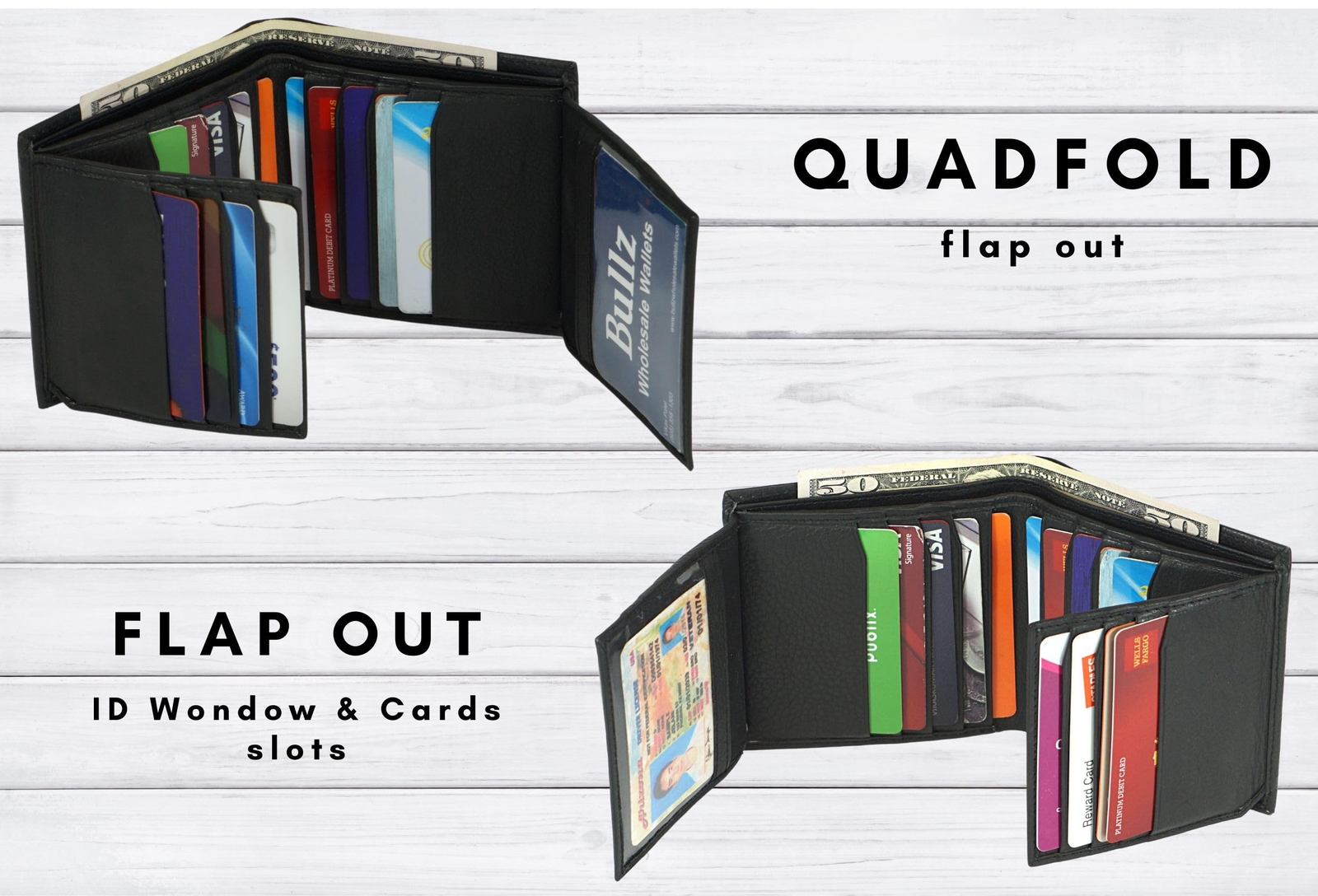 Genuine Nappa Cow Leather Thick Dual Credit Card ID Flap Quad Fold ...