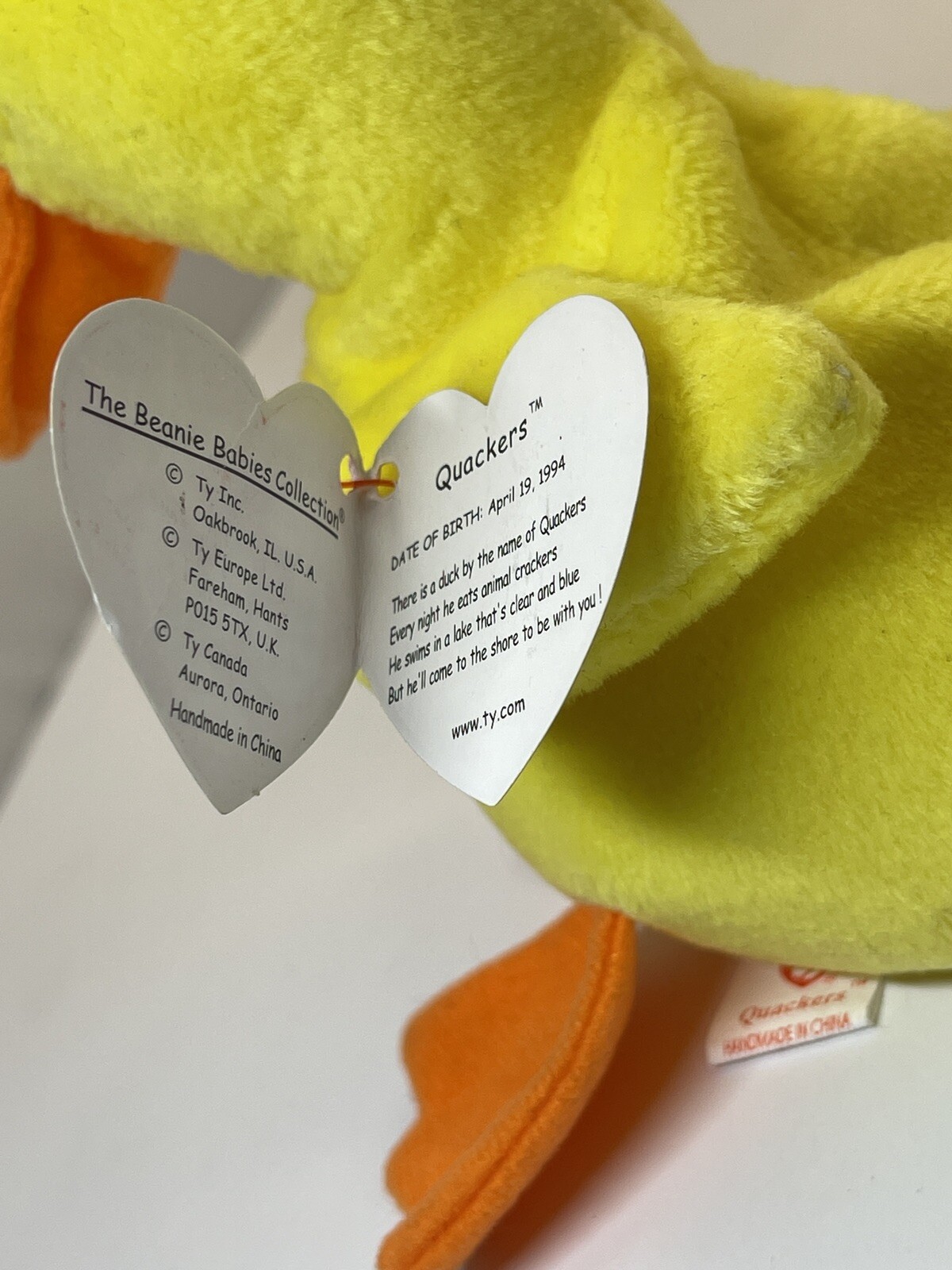 QUACKERS The Duck TY Beanie Baby Original 1993/1994 (Retired) RARE With ...