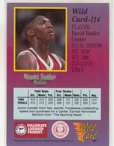 DAVID BUTLER 1991-92 Wild Card NCAA 5 Stripe Parallel #114 UNLV Mint | eBay