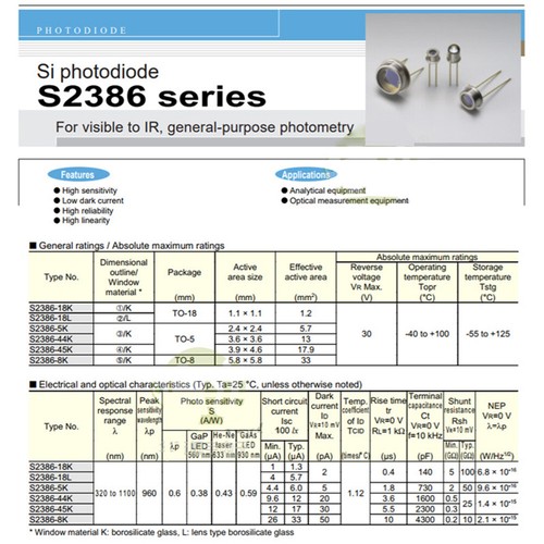 1PC for Visible to Near IR Precision Photometry S2386-44K Si photodiode ...