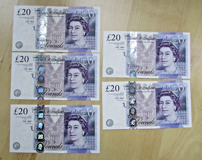 5 x £20 Twenty Pounds Banknotes Paper Consecutive Numbers Cleland ...