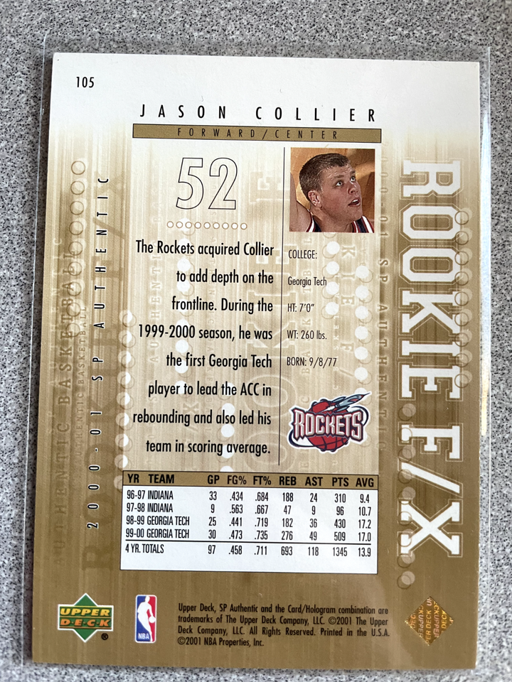 2000-01 SP Authentic Jason Collier Rookie F/X Card /2000 #105 Houston ...