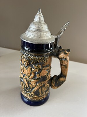 VINTAGE GERZ GERMAN LIDDED BEER STEIN FOX HANDLED BOAR HUNT RARE BOAR ...