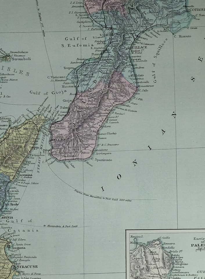 1891 ANTIQUE MAP ITALY SOUTH ~ LIPARI ISLES CALABRIA & SICILY MESSINA ...