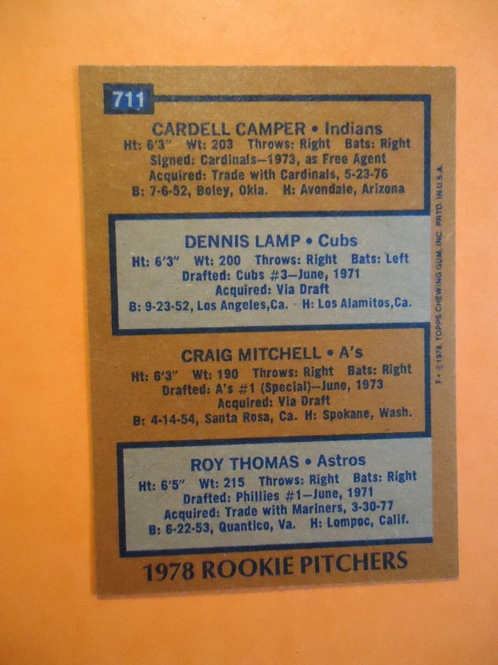 Rookie pitchers - 1978 Topps Baseball card #711 - Dennis Lamp - Thomas ...