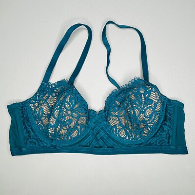Adore Me Balconette Bra 38B Underwire Cage Front Blue Lace Lined ...