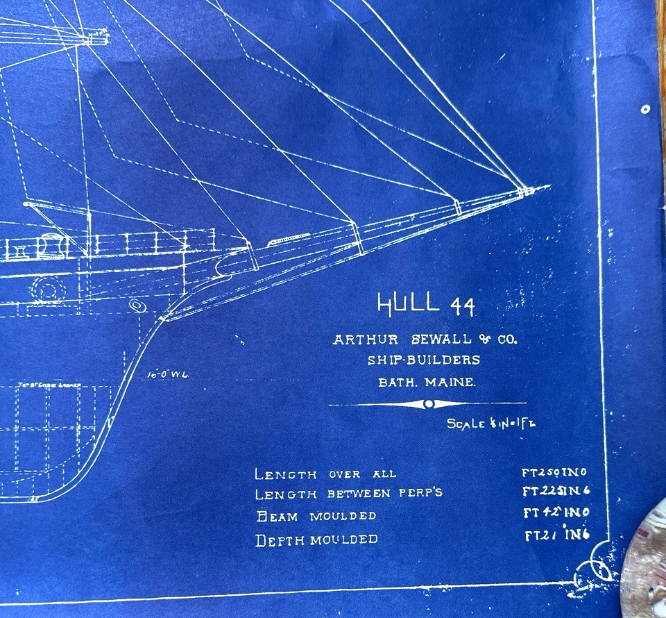 1899 Bath, Maine Sailing Ship "Kaiulani" Blueprint; Sewall Shipyard ...