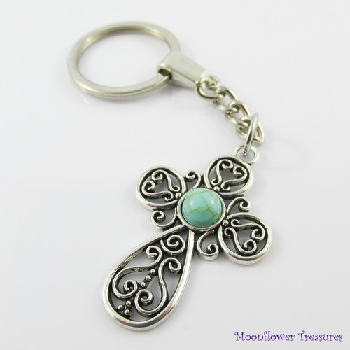 Turquoise Filigree Religious Cross Charm Keychain Keyring 117mm Great ...