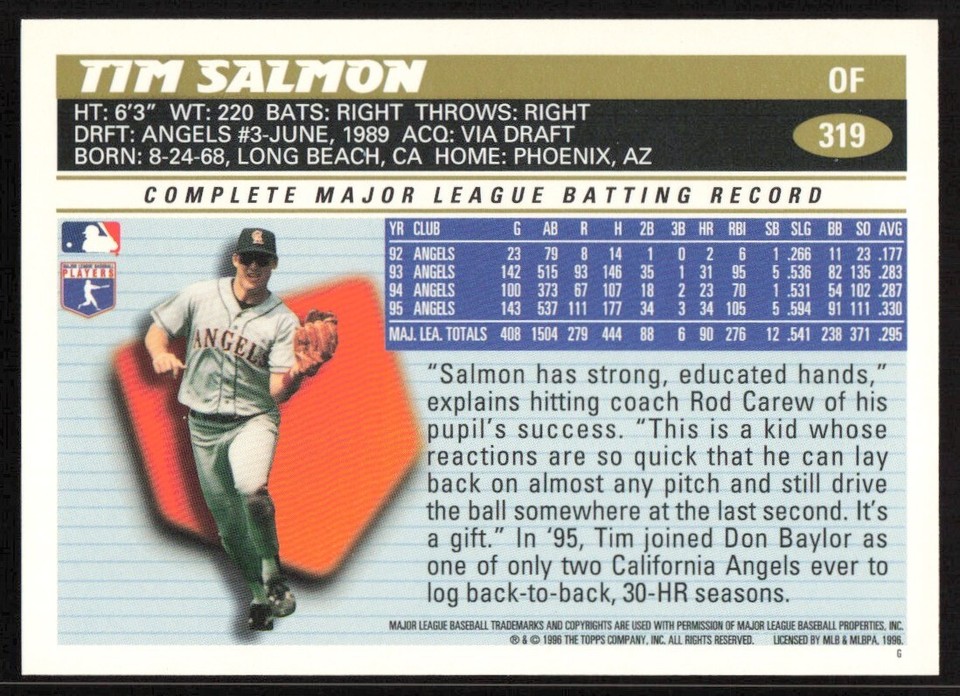 1996 Topps Baseball Tim Salmon #319 California Angels | eBay