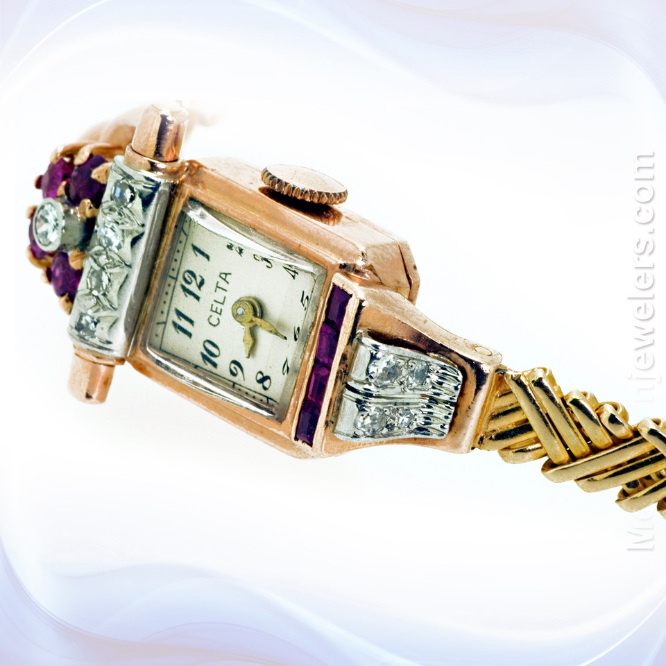 Vintage "Retro" 14K Rose Gold Diamond & Ruby Lady's Watch | eBay