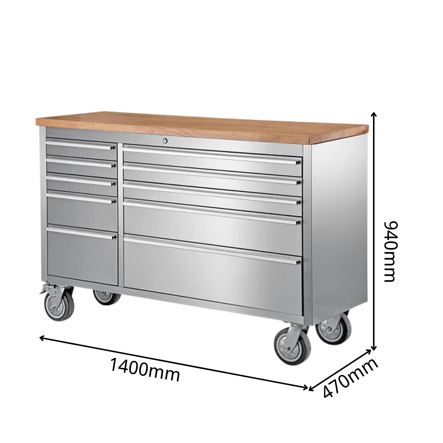 Stainless 55" 10 Drawer Work Bench Cabinet Wood Top Steel Toolbox Tool ...
