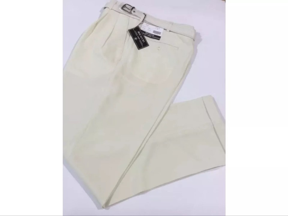 MEN'S CREAM PLEATED DRESS PANTS SLACKS TROUSERS WITH BELT CUFFED ...