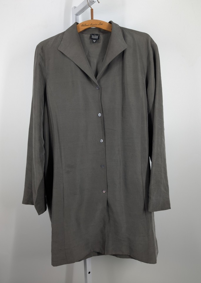 Eileen Fisher Raw Silk Trench Label Shirt Jacket XL Studio Boho Artisan ...