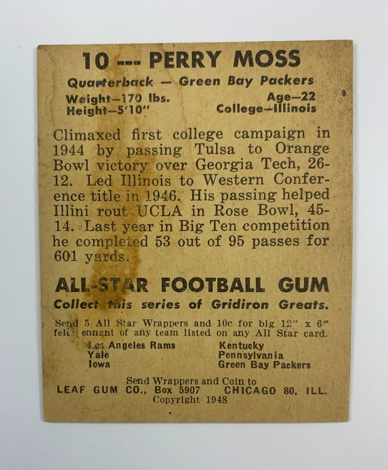 1948 Leaf Football #10 Perry Moss (Packers) OOK12 | eBay