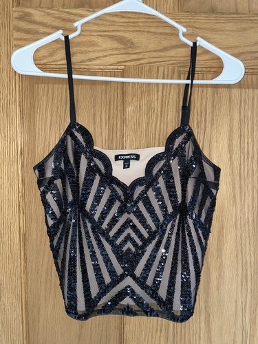Express Black And Beige Sequin Cropped Tank Top Scallop V Neck Extra ...