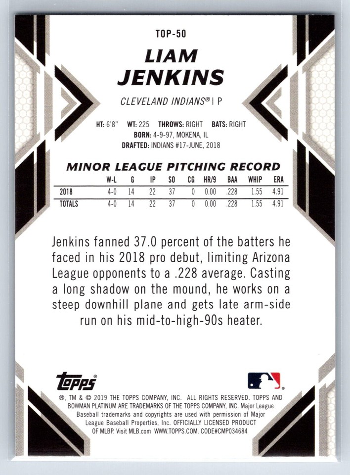 Liam Jenkins 2019 Bowman Platinum #TOP-50 Top Prospects Ice | eBay