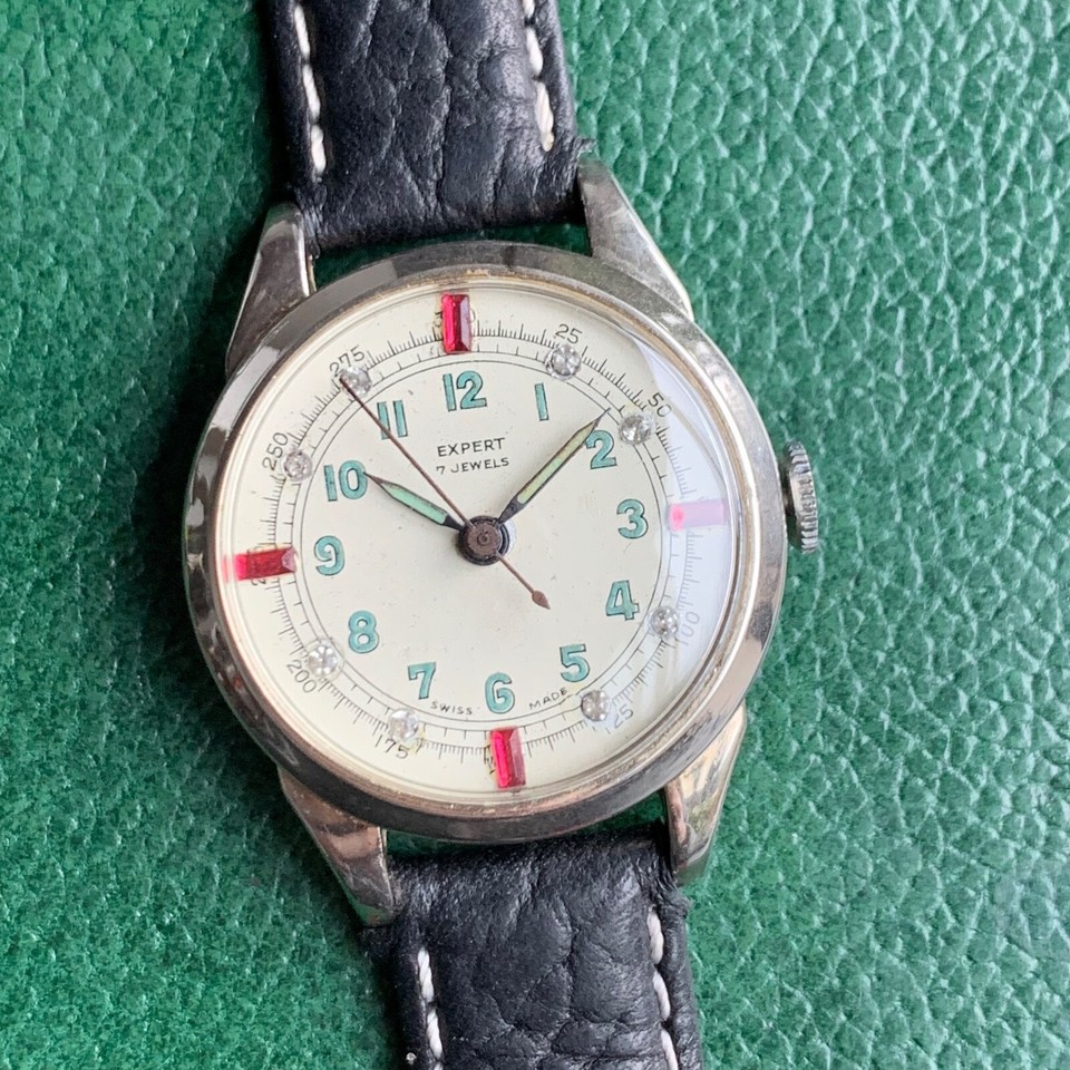 Vintage Expert Swiss 7 Jewels Jeweled Dial Arabic Numerals Wristwatch ...